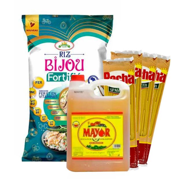 1 Riz bijou fortifié 25Kg + 5 Spaghettis Pacha 500g + 1 Bidon Huile Raffinée Mayor 5L | Glotelho ...