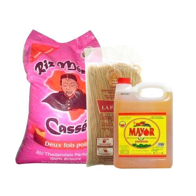 1 Riz Mémé Cassé 25 Kg +1 Spaghettis Pasta 5kg + 1 Bidon Huile Mayor 5L ...
