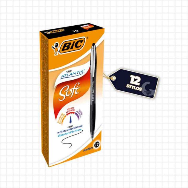 Boîte de 12 stylos Bic Atlantys Soft - Noir | Glotelho Cameroun