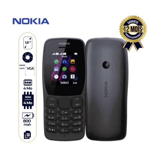 Téléphone Nokia 110 - 4Mo/4Mo RAM - 800 mAh - Radio - 2 Sim - Noir - 12 ...