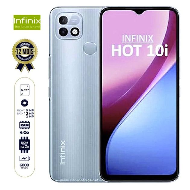 INFINIX HOT 10I - 6,52" - 64/4Go - 13+2Mp/5Mp - 6000 mAh - 12 mois de ...