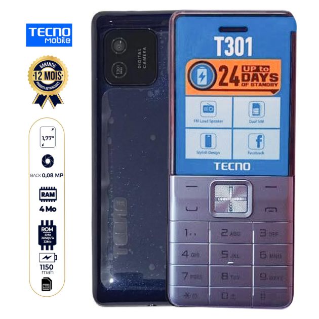 Téléphone Tecno T301 - 1,77 " - Dual Sim avec caméra et haut-parleur Fm aux flambeaux - 1150 mah ...