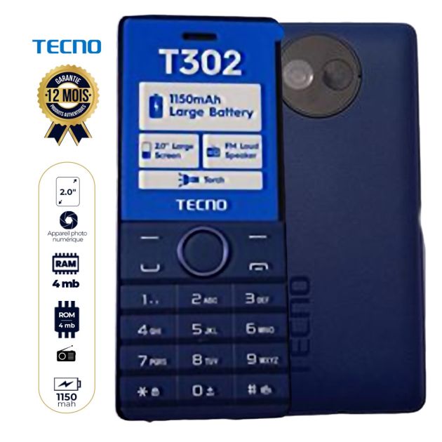Téléphone portable Tecno T302 - 2" - 4 Mo/4 Mo RAM - 1150 mAh - Nano Sim - Garantie 12 Mois ...