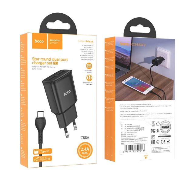Chargeur mural Hoco C88A Star round dual port charger - 02 entrées USB ...